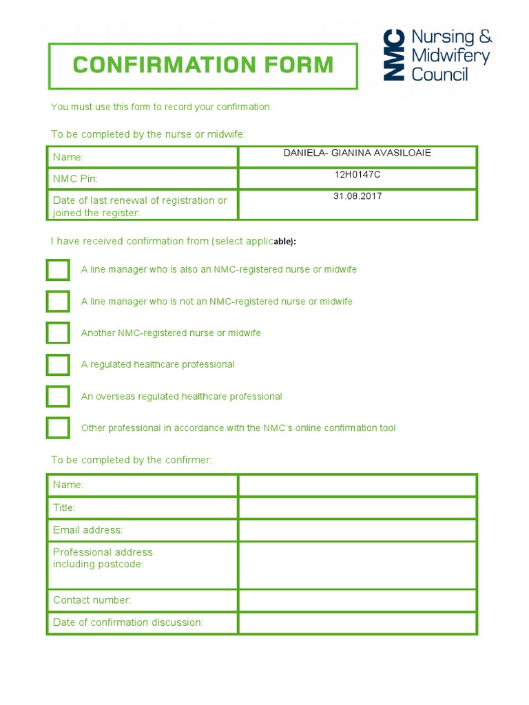 NMC Confirmation Form | PDF | Midwife | Nursing