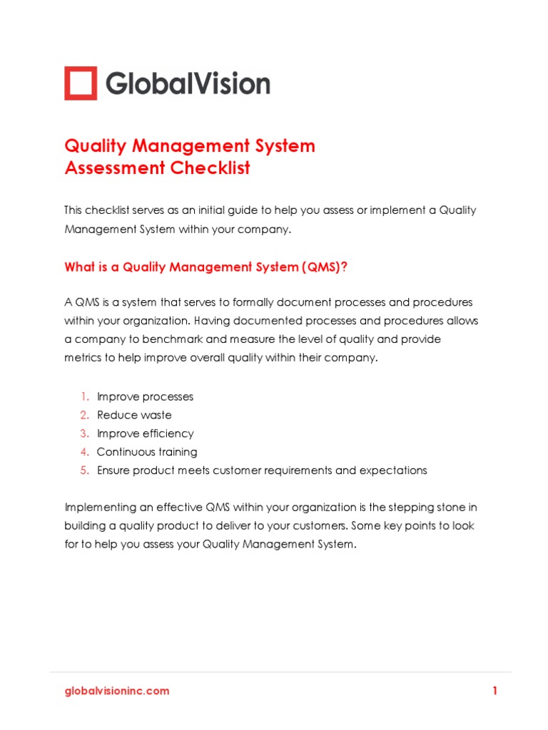 Quality Management System Assessment Checklist | Download Free PDF ...
