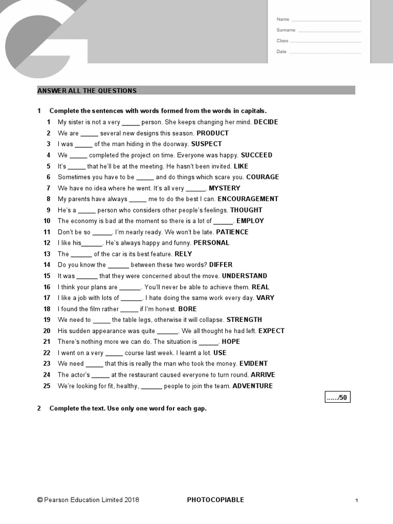 Full Placement Test: © Pearson Education Limited 2018 | PDF