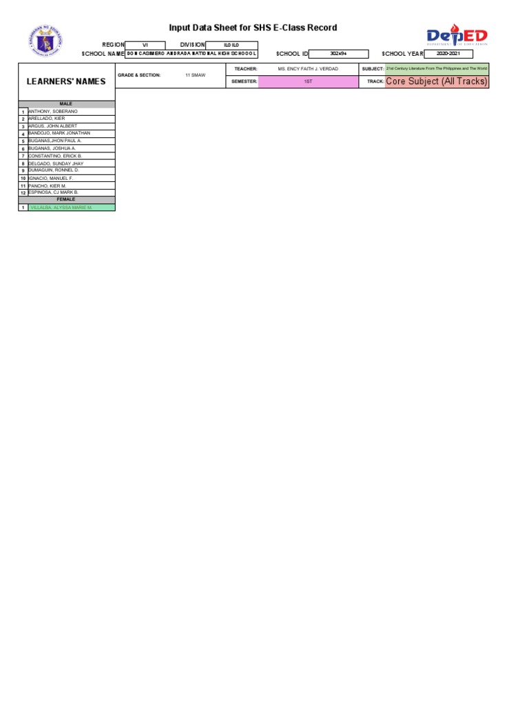 Input Data Sheet For SHS E-Class Record: Learners' Names | PDF
