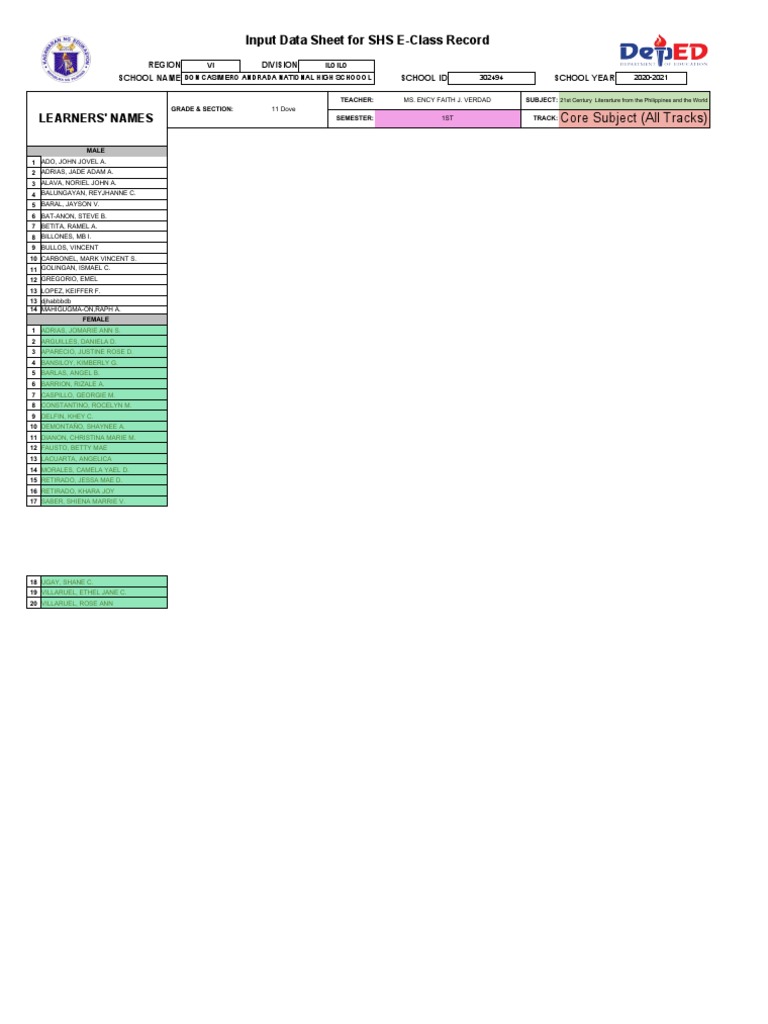 Input Data Sheet For SHS E-Class Record: Learners' Names | PDF