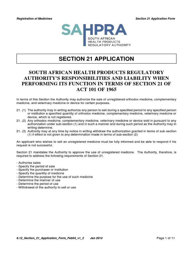 Section 21 Application for Unregistered Medicine | PDF | Informed ...