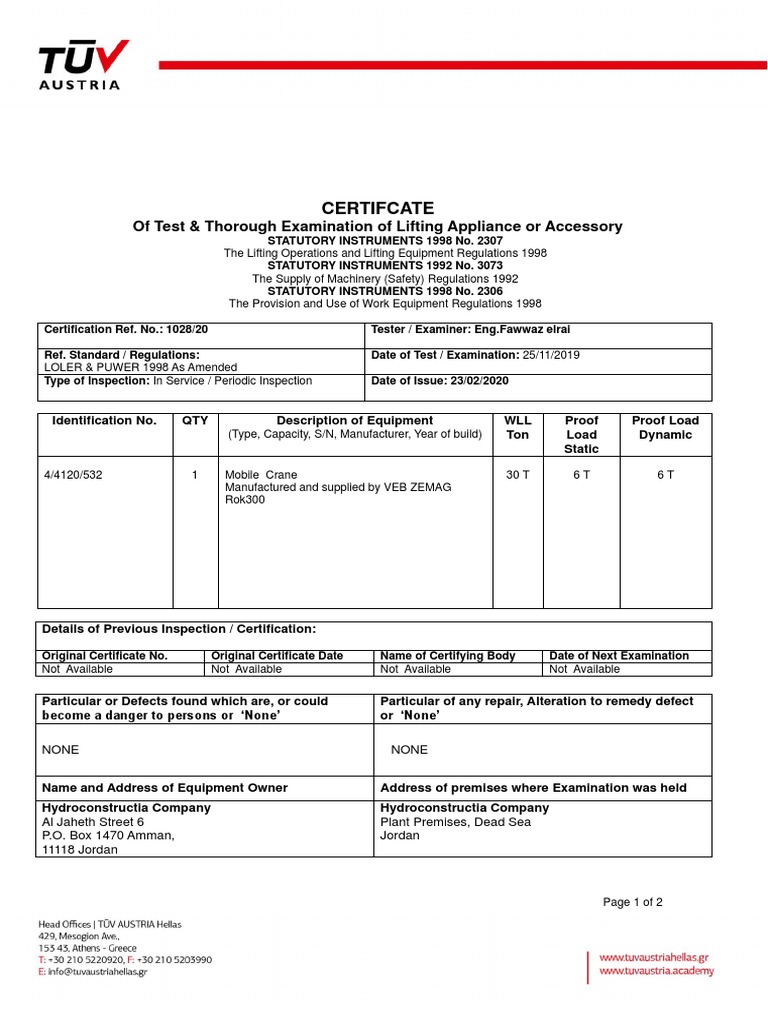 Cert - Mobile Crane 30T - LOLER - Model Rok300 | PDF | Business