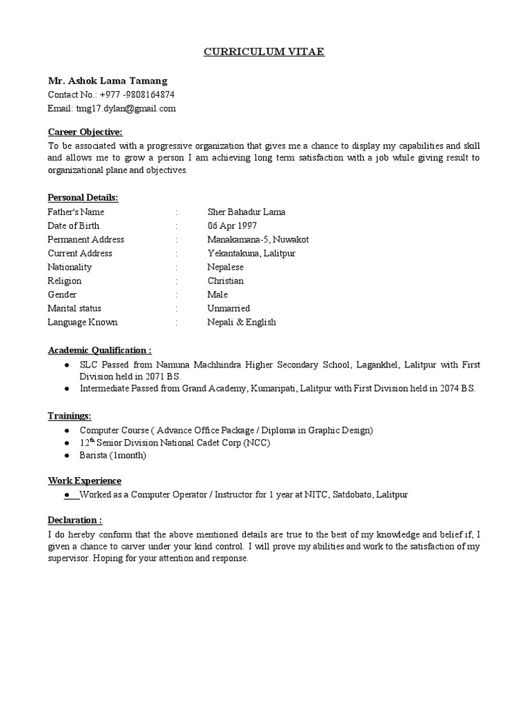 Mr. Ashok Lama Tamang: Curriculum Vitae | PDF