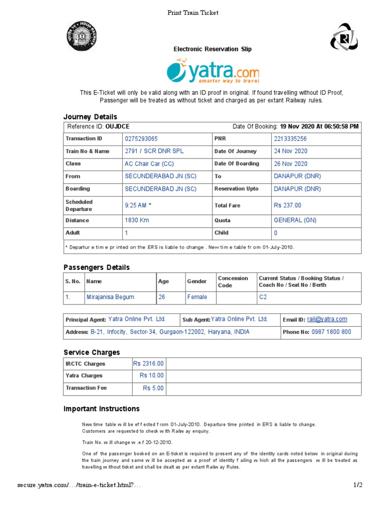 Journey Details: Electronic Reservation Slip | PDF | Identity Document ...