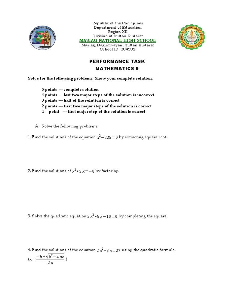 ST Performance Task g9 Math | PDF | Quadratic Equation | Algebra
