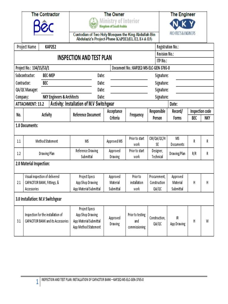 Inspection and Test Plan: Project Name | PDF | Engineering | Business