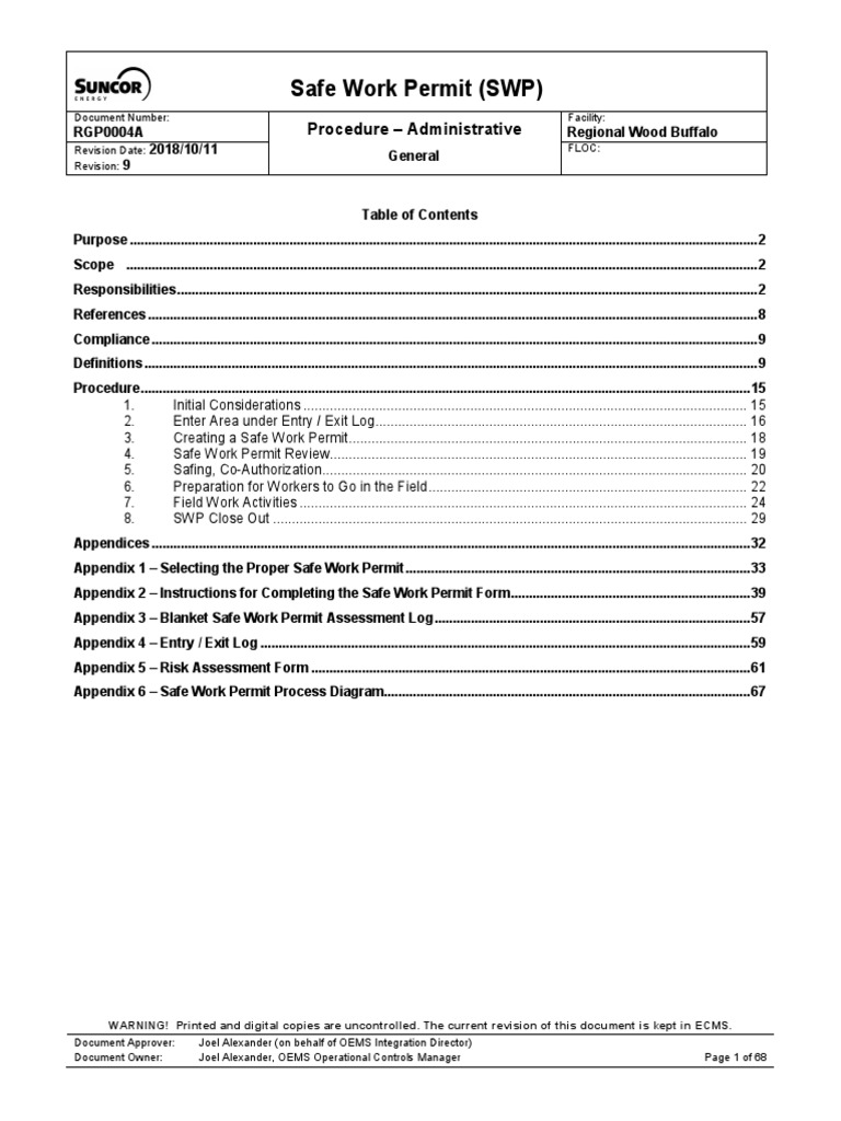 Safe Work Permit Procedure Overview | PDF | Risk Assessment | Hazards