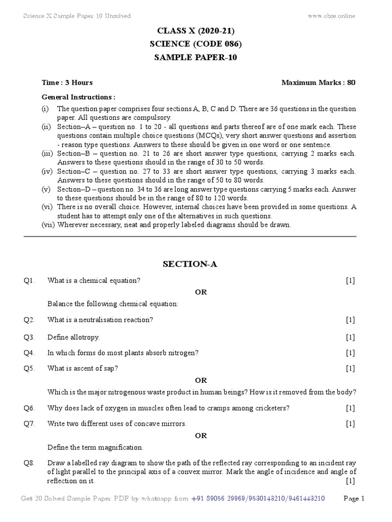 CLASS X (2020-21) Science (Code 086) Sample Paper-10: Time: 3 Hours ...