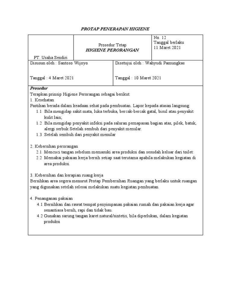 Protap Penerapan Higiene | PDF