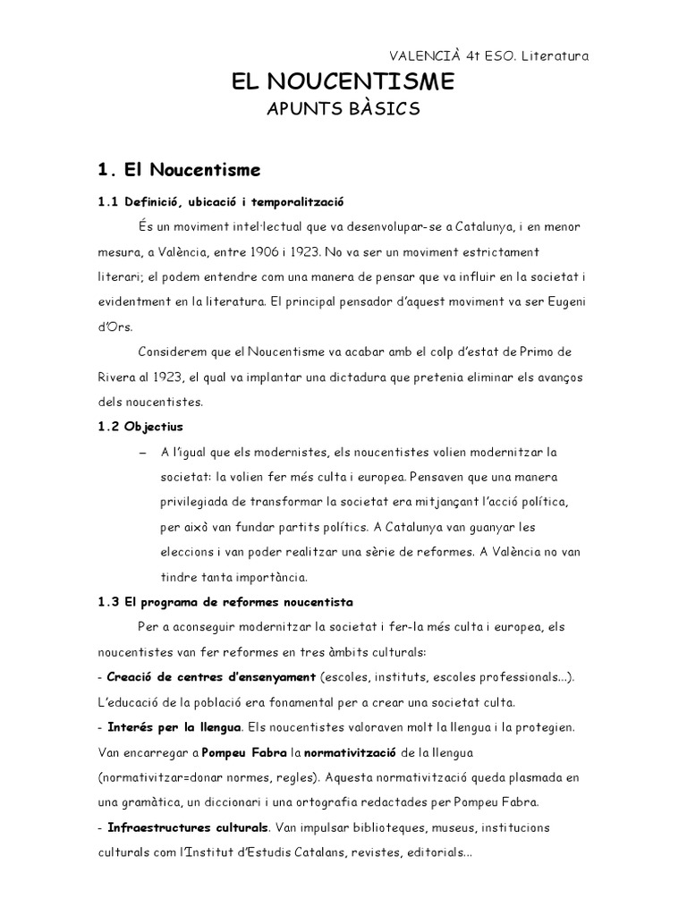 Eso4 Val Apunts Basics-Noucentisme | PDF