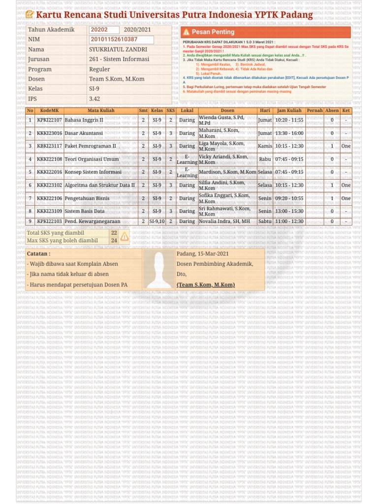 Print Kartu Rencana Studi (KRS) Mahasiswa | PDF