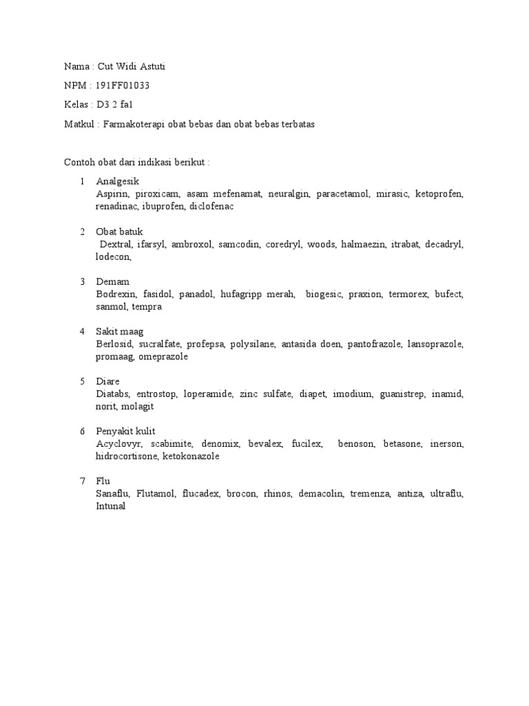 Daftar Obat Bebas Berdasarkan Indikasi | PDF