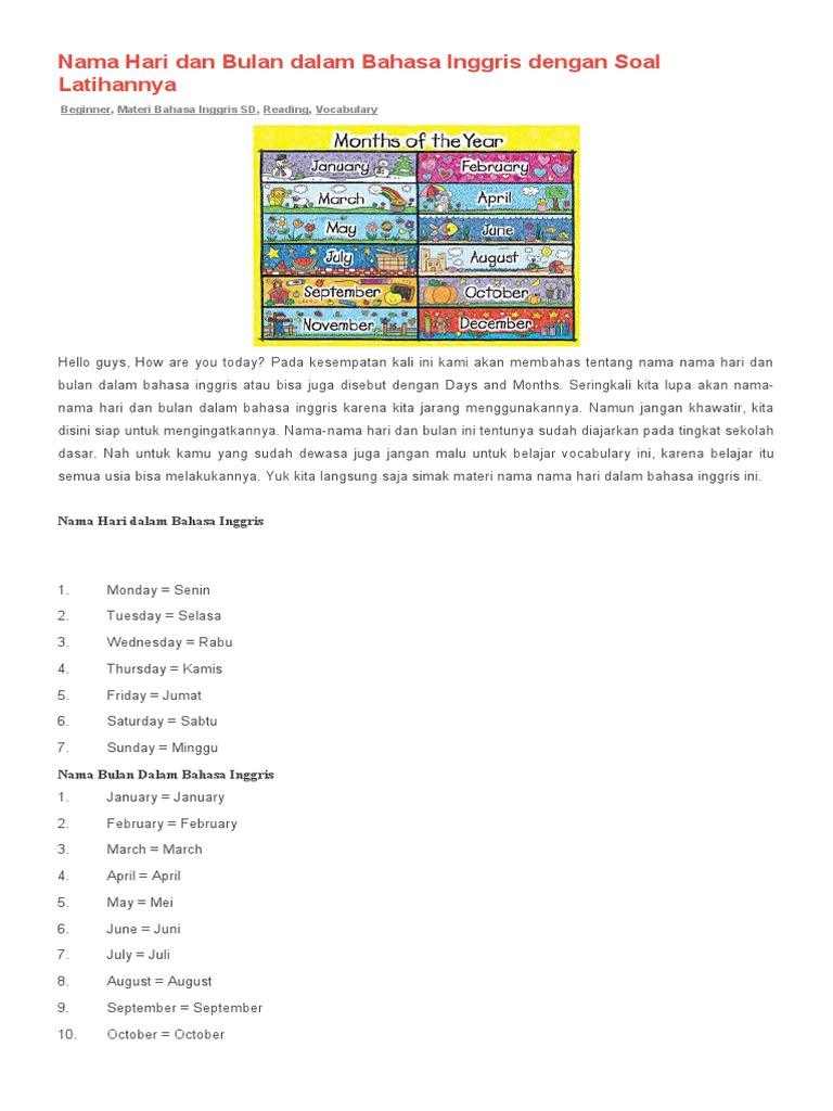 Nama Hari dan Bulan dalam Bahasa Inggris | PDF | Seni & Disiplin Bahasa
