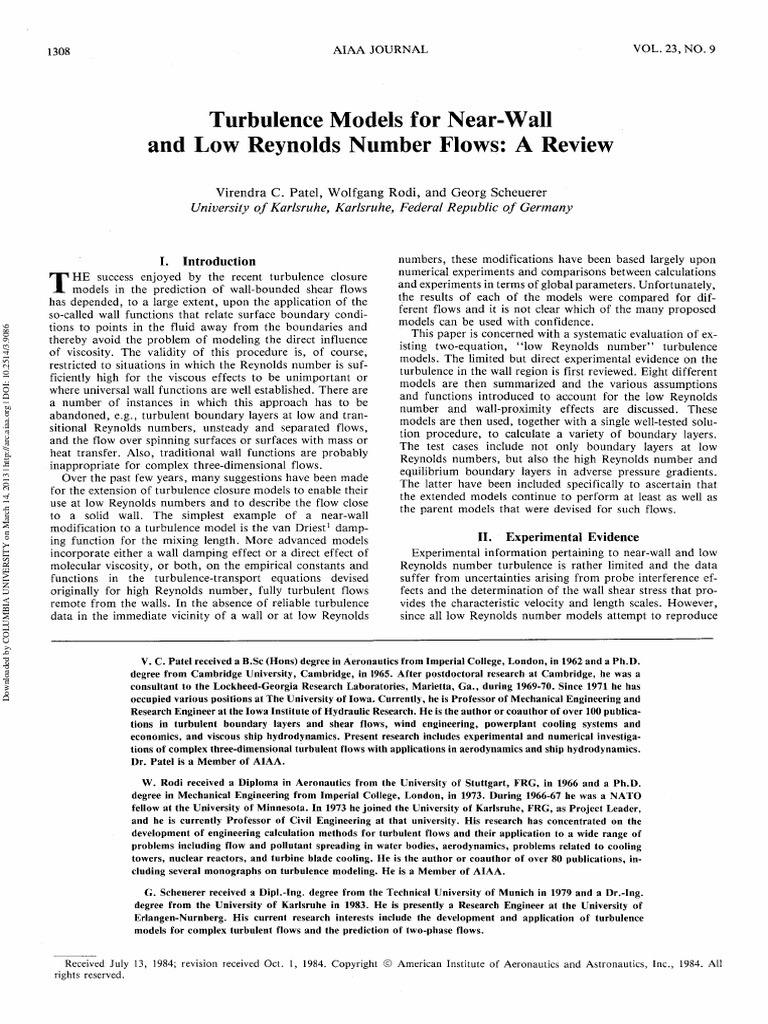 Turbulence Models For Near-Wall and Low Reynolds Number Flows: A Review ...
