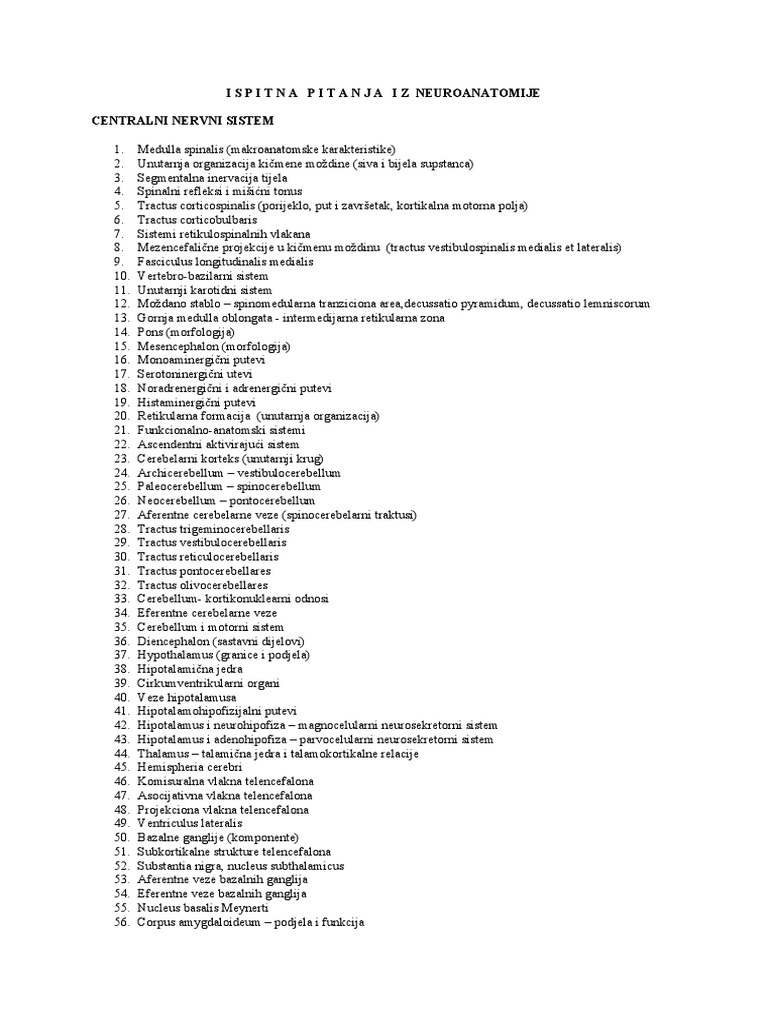 Ispitna Pitanja Iz NEUROANATOMIJE | PDF
