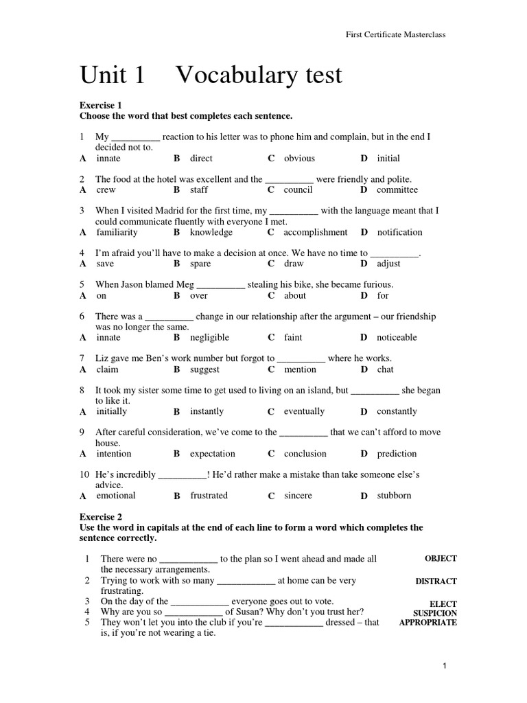 Unit 1 Vocabulary Test: First Certificate Masterclass | PDF