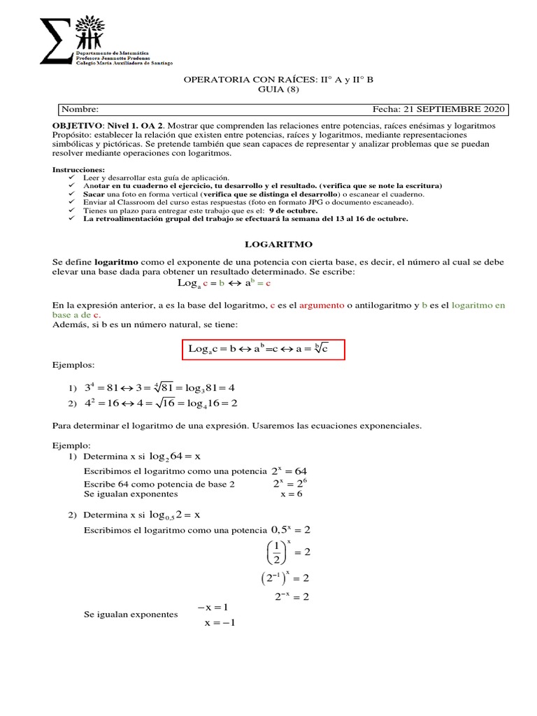 Guia (8) Logaritmo Segundo Medio | PDF | Logaritmo | Exponenciación