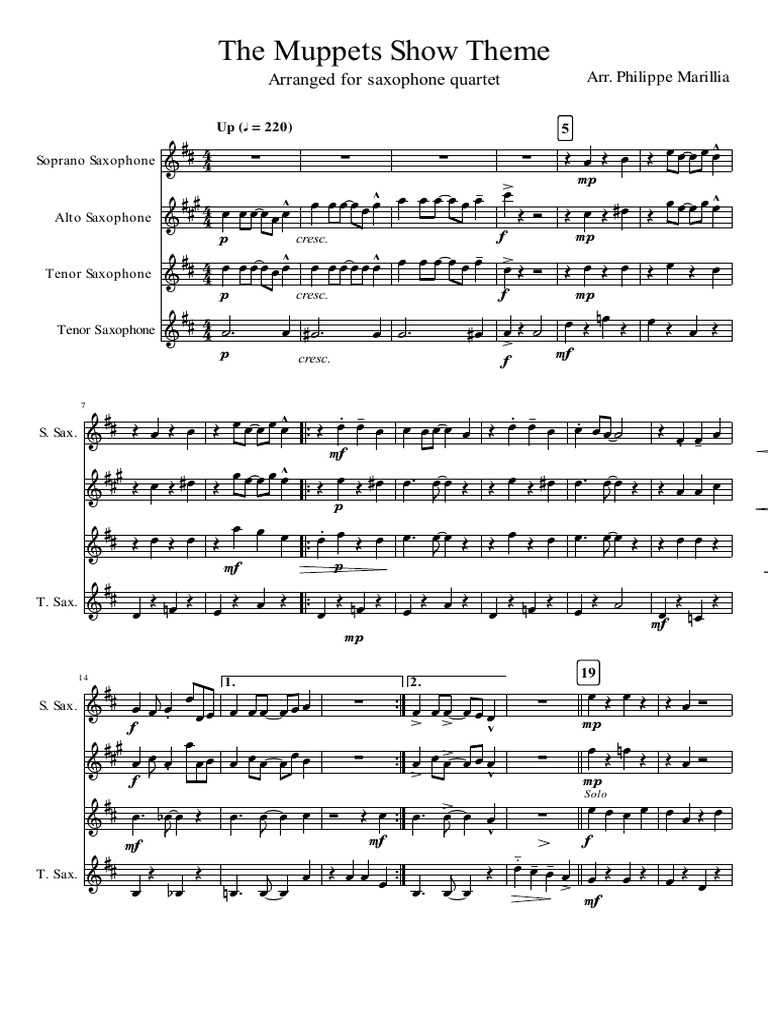 Muppets Theme for Saxophone Quartet | PDF | Saxophone | Quartet