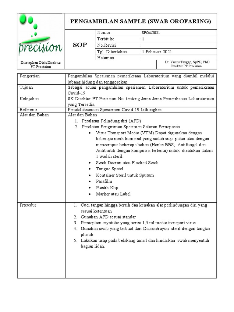 SOP Pengambilan Sample (Swab Orofaring) | PDF
