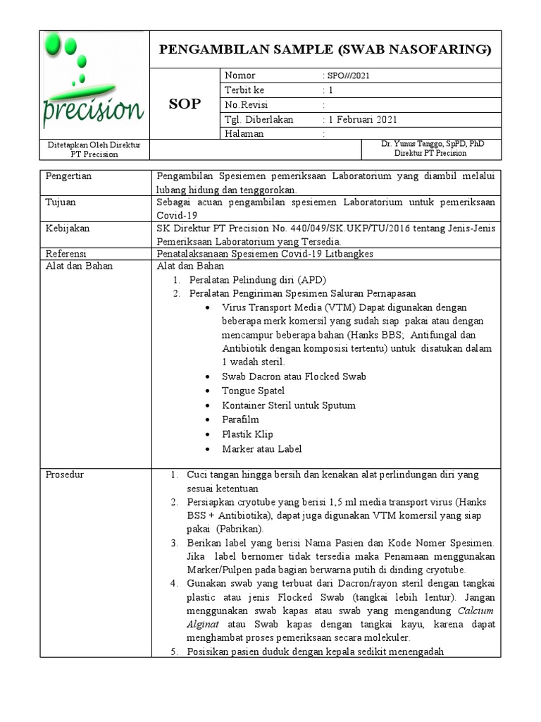 SOP Pengambilan Sample (Swab Nasofaring) | PDF