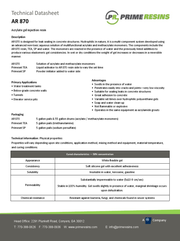 Technical Datasheet: Acrylate Gel Injection Resin | PDF | Gel ...