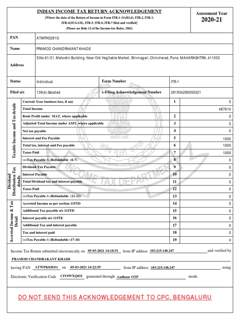 ITR Acknowledgement FY 2019-20 | PDF | Taxation | Payments