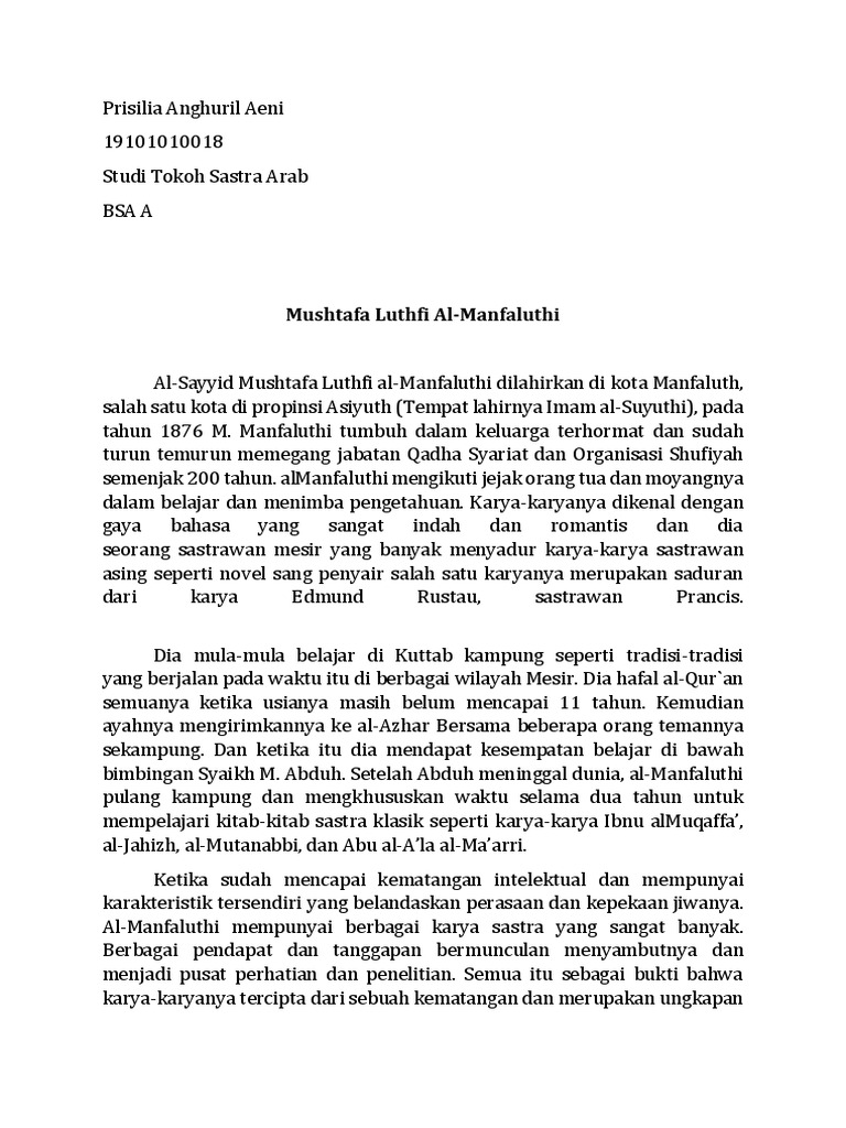 Studi Tokoh - Biografi Mustafa Al-Manfaluti - Prisilia Anghuril Aeni | PDF