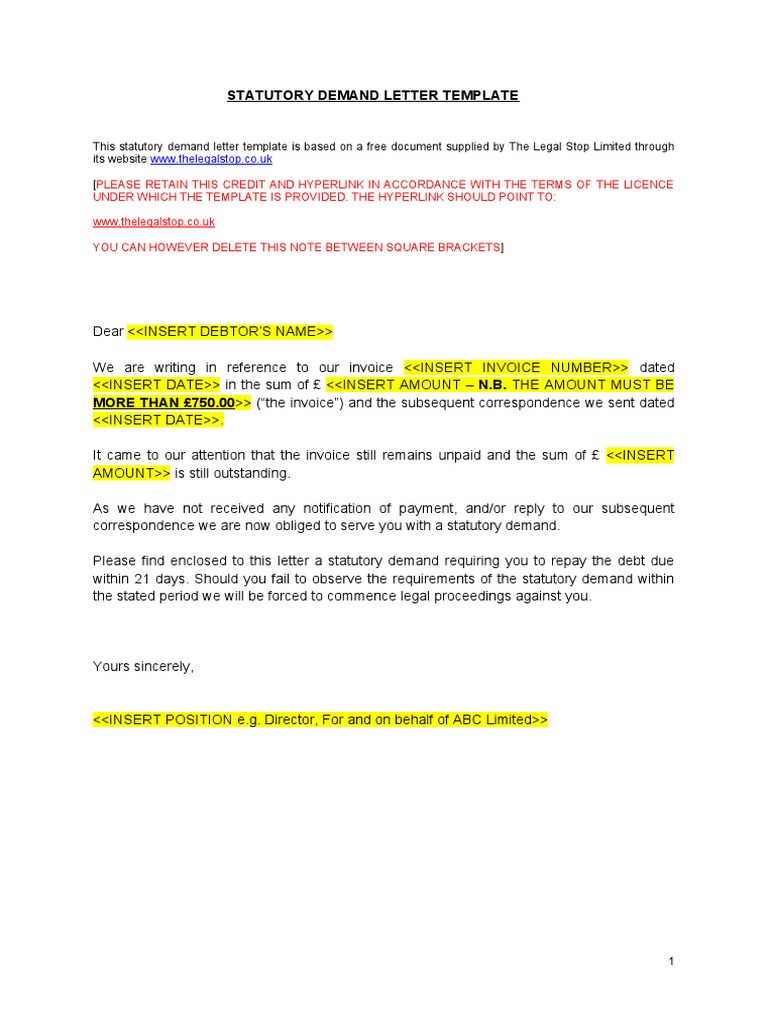 Statutory Demand Letter Template: WWW - Thelegalstop.co - Uk | PDF