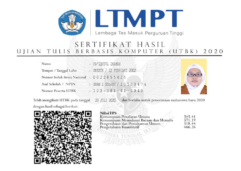 Sertifikat Utbk LTMPT 120381410949 | PDF