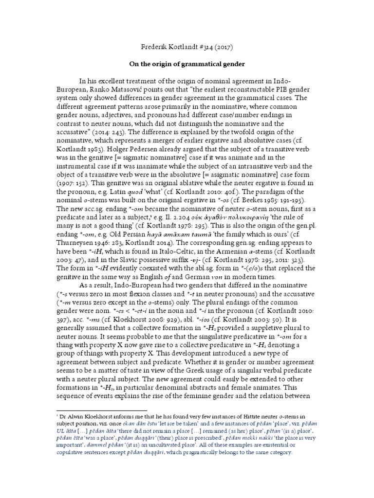 The Origins Of Grammatical Gender In Proto Indo European A Detailed