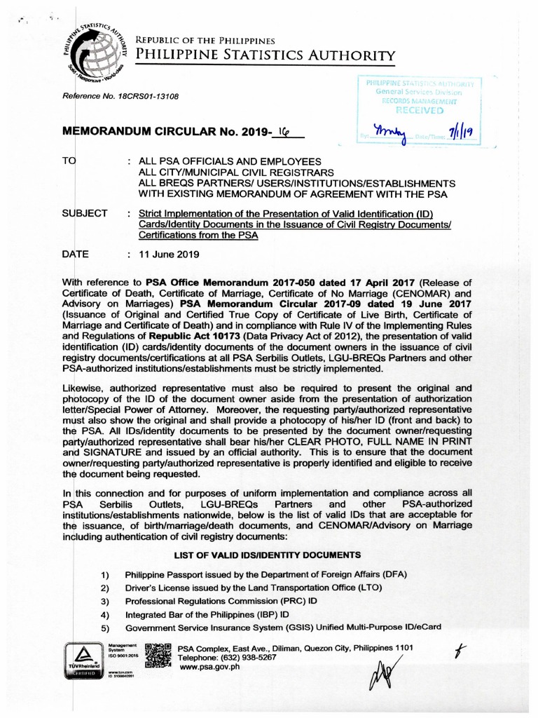 MC2019-16 Strict Implementation of The Presentation of Valid ID Card ...