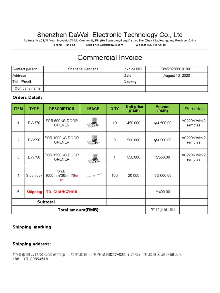 Commercial Invoice: Shenzhen Dawei Electronic Technology Co., LTD | PDF ...