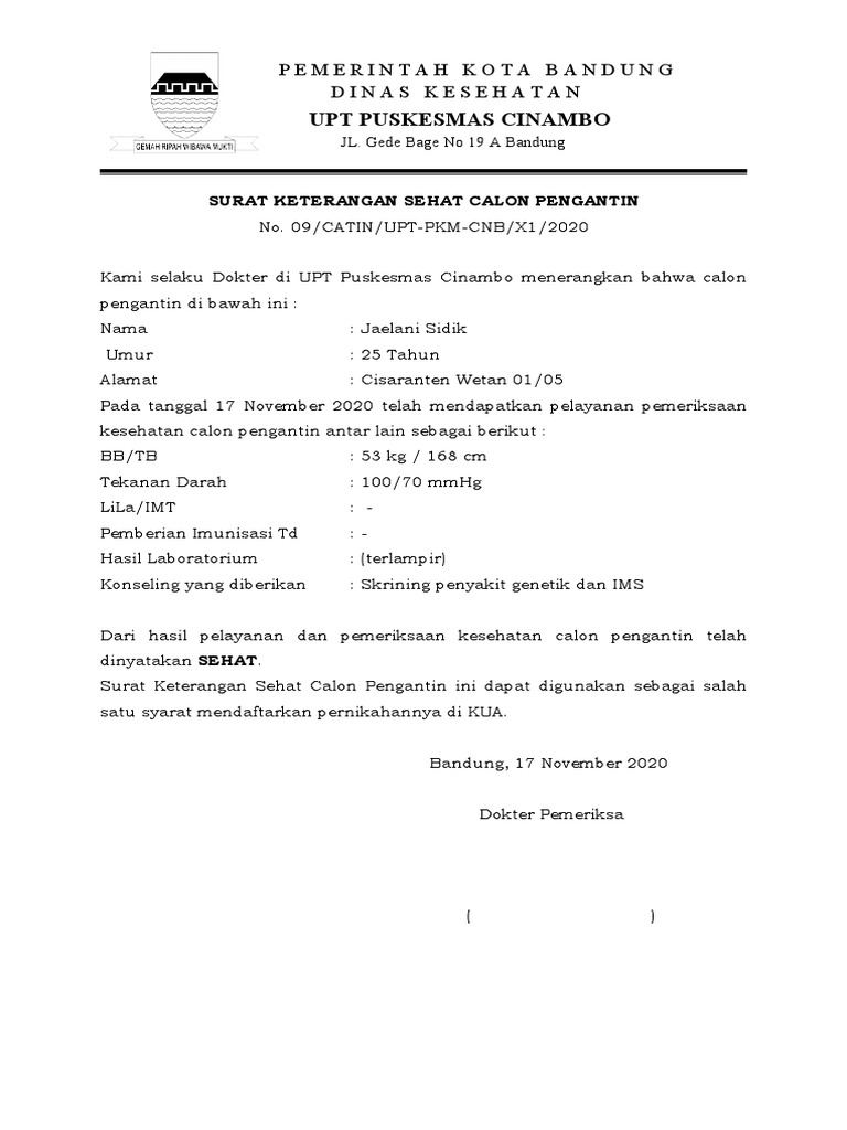 Surat Keterangan Sehat Catin | PDF