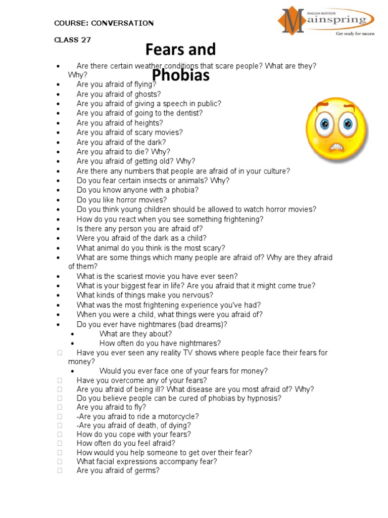 Fears and Phobias: Course: Conversation Class 27 | PDF | Phobia | Anxiety
