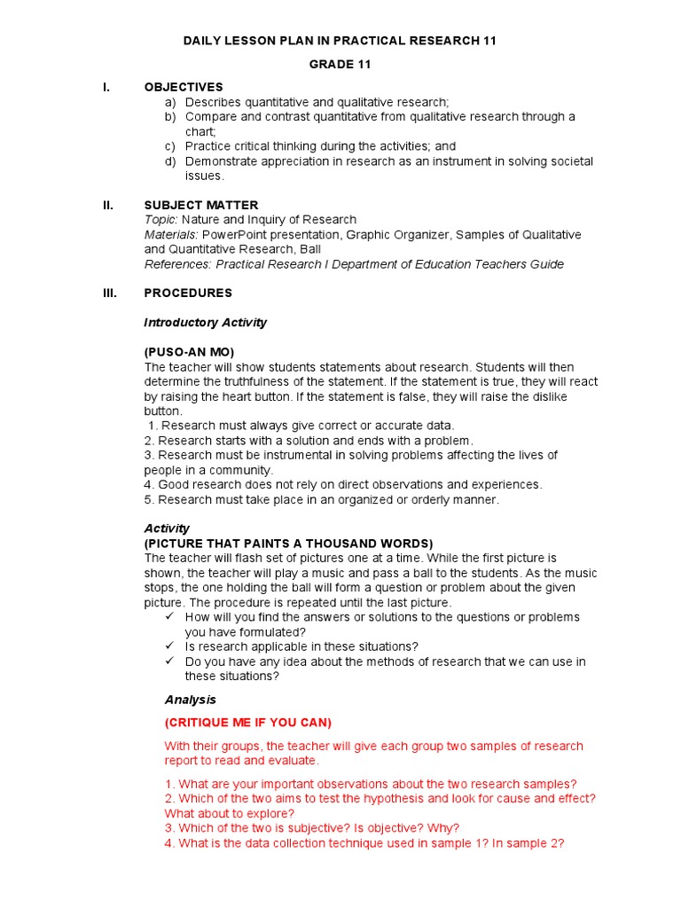 Daily Lesson Plan in Practical Research 11 | PDF | Quantitative ...