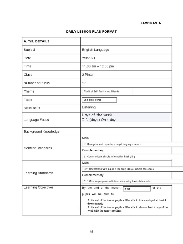 A Detailed Daily Lesson Plan for a Year 2 English Class Focusing on ...