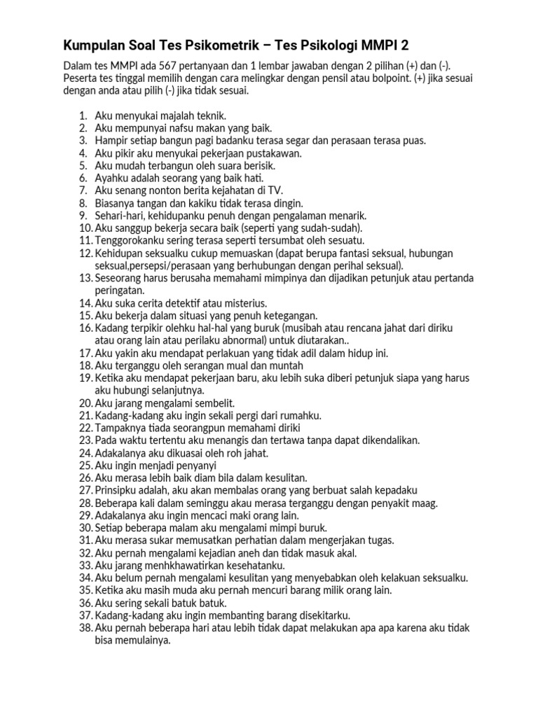 Berikut Kumpulan Soal MMPI | PDF