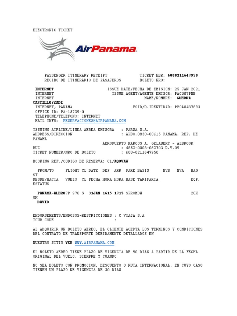 Boleto Electrónico Air Panama | PDF | Control de acceso | Autenticación