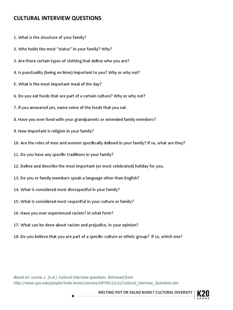 Based On: Levine, L. (N.D.) - Cultural Interview Questions. Retrieved ...