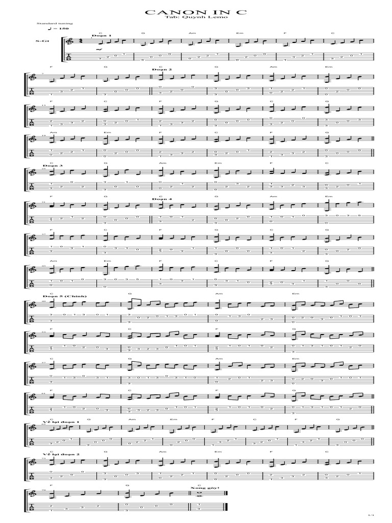Canon in C Piano and Guitar Tabs | PDF