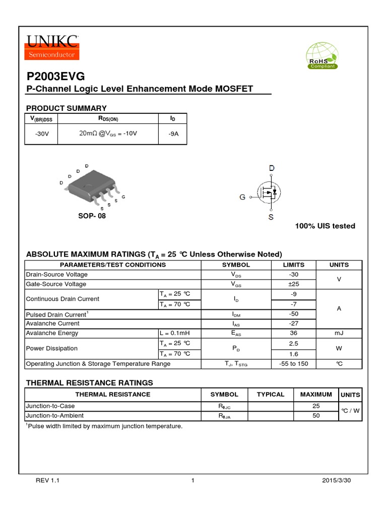 P2003EVG: P-Channel Logic Level Enhancement Mode MOSFET | PDF | Field ...