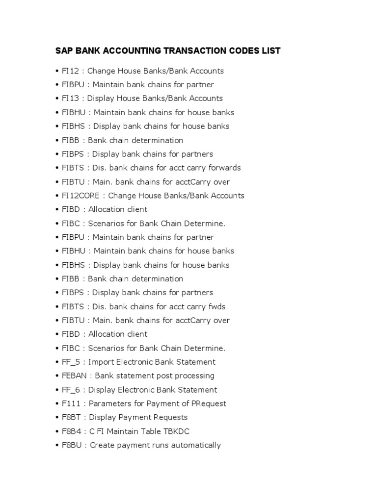 Sap Bank Accounting Transaction Codes List | Download Free PDF | Banks ...