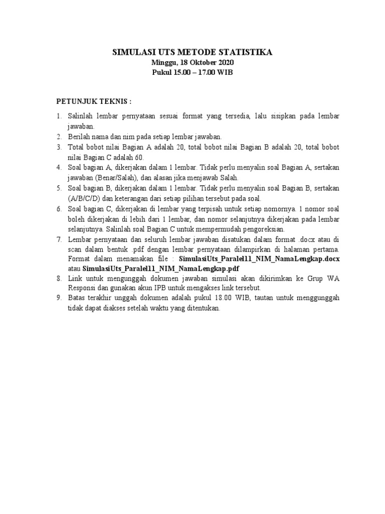 (Dijawab) Simulasi Uts Metode Statistika | PDF