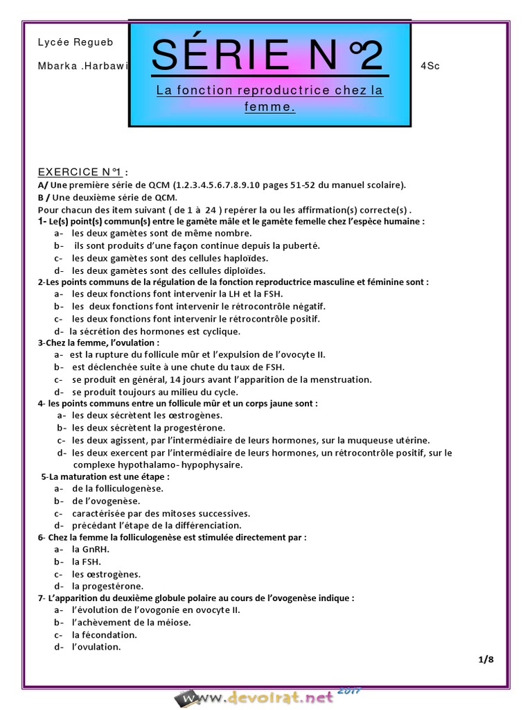 Série D'exercices N°2 - SVT - Reproduction Chez La Femme - Bac Sciences ...