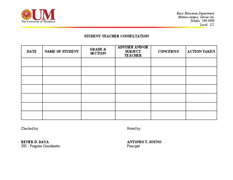 Student-Teacher Consultation Adviser And/Or Subject Teacher Concern/S ...