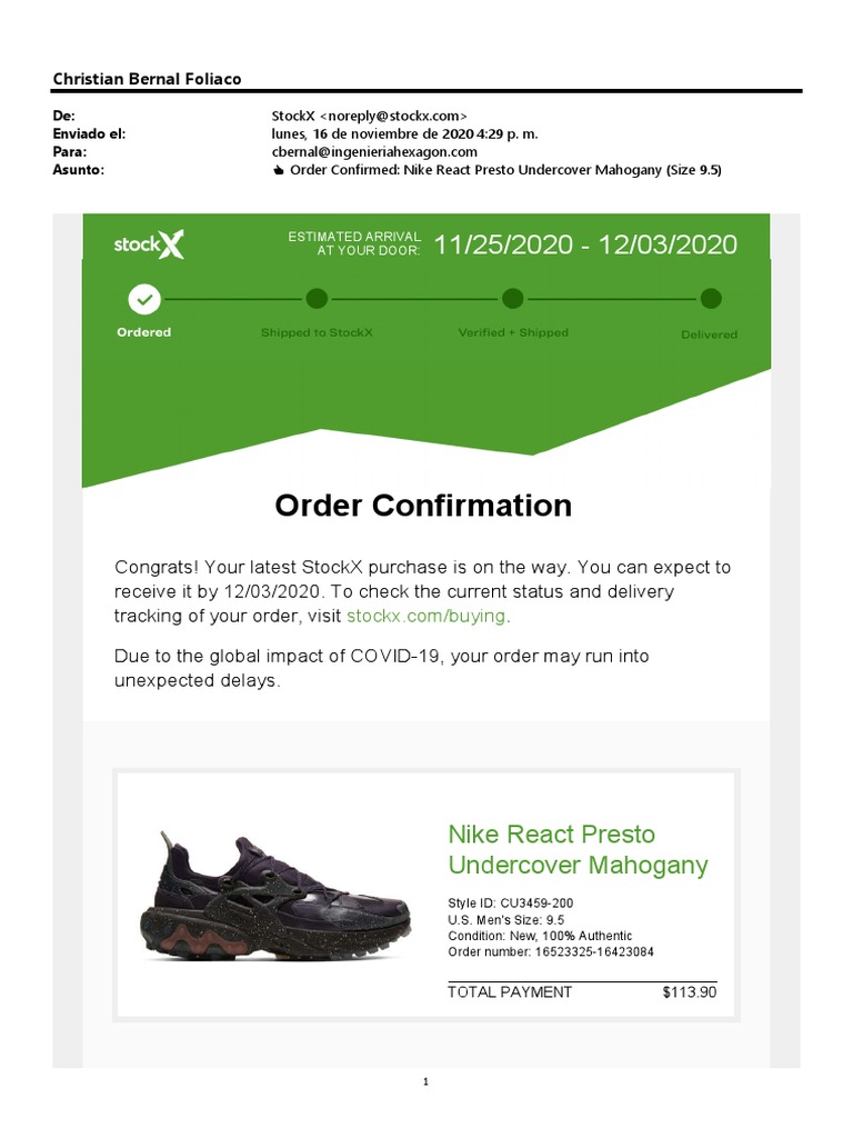 Order Confirmation: Nike React Presto Undercover Mahogany | PDF