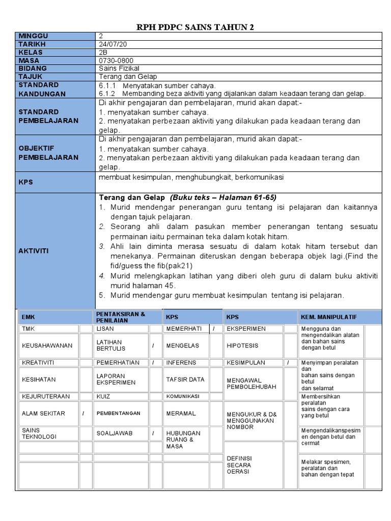 Contoh RPH Sains THN 2 PAK21 2020 | PDF