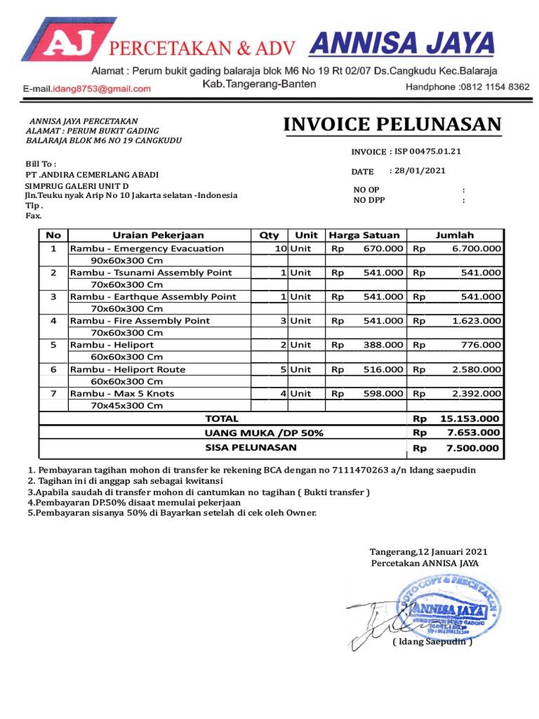 Invoice Pelunasan: No Qty Unit Harga Satuan Jumlah Uraian Pekerjaan | PDF