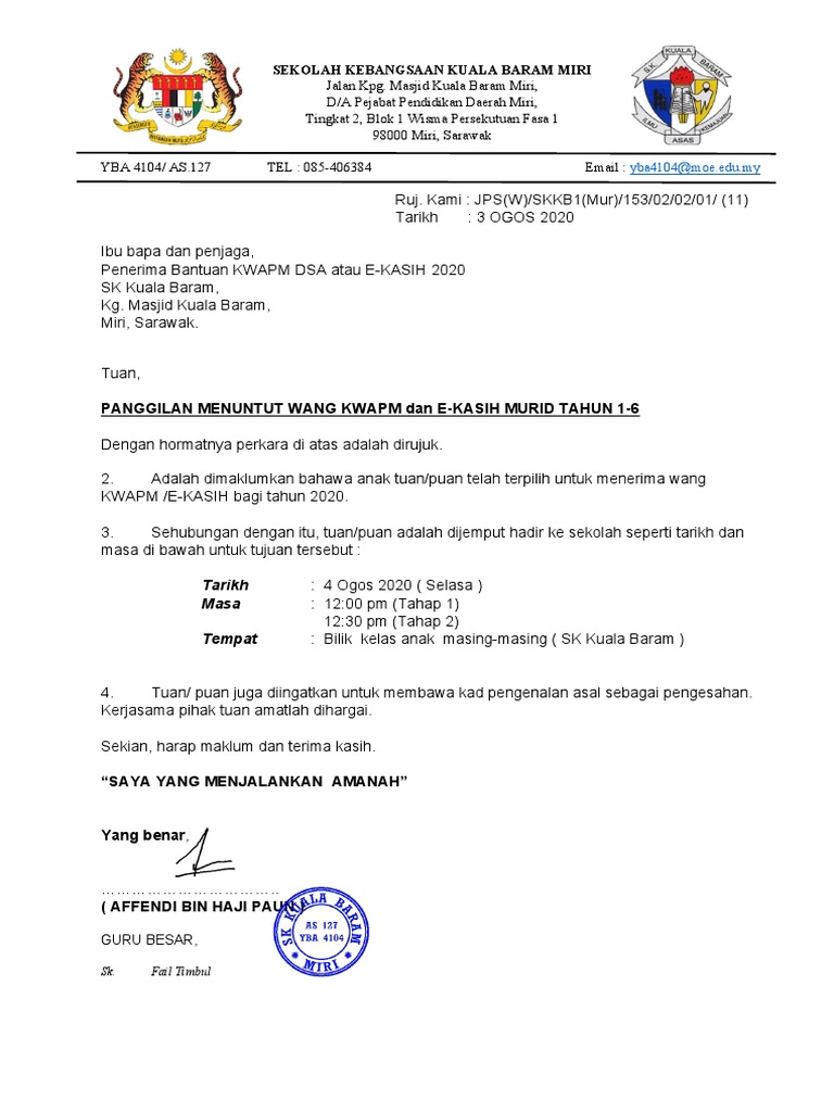 Surat Makluman Kwapm 2020 | PDF